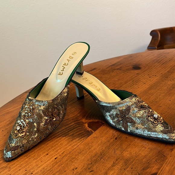 Drama | Shoes | Drama Unique Embroidered Gold Green Beaded Mule Slip On ...